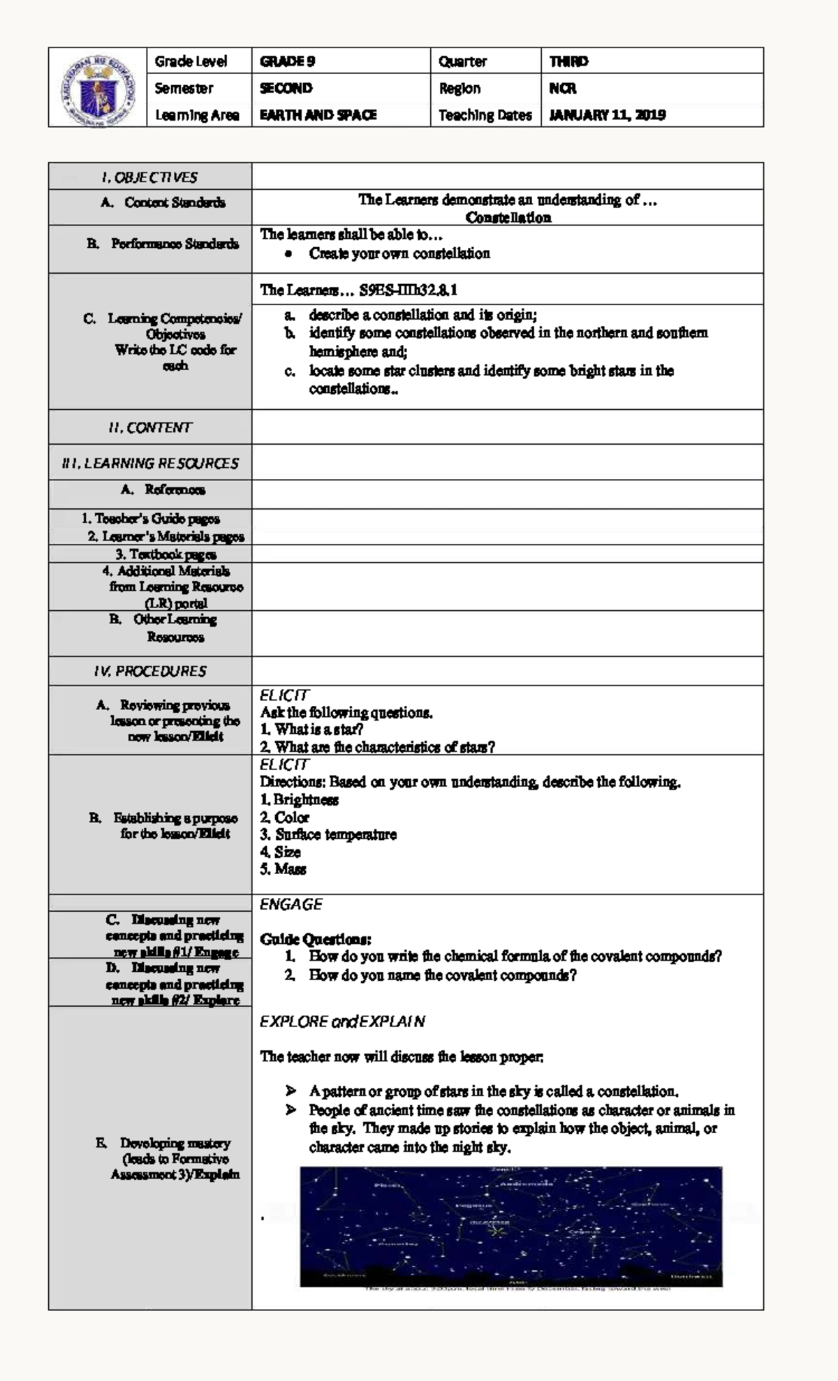 Grade 9 Earth and Space Lesson Plan: Constellations and Stars - Studocu