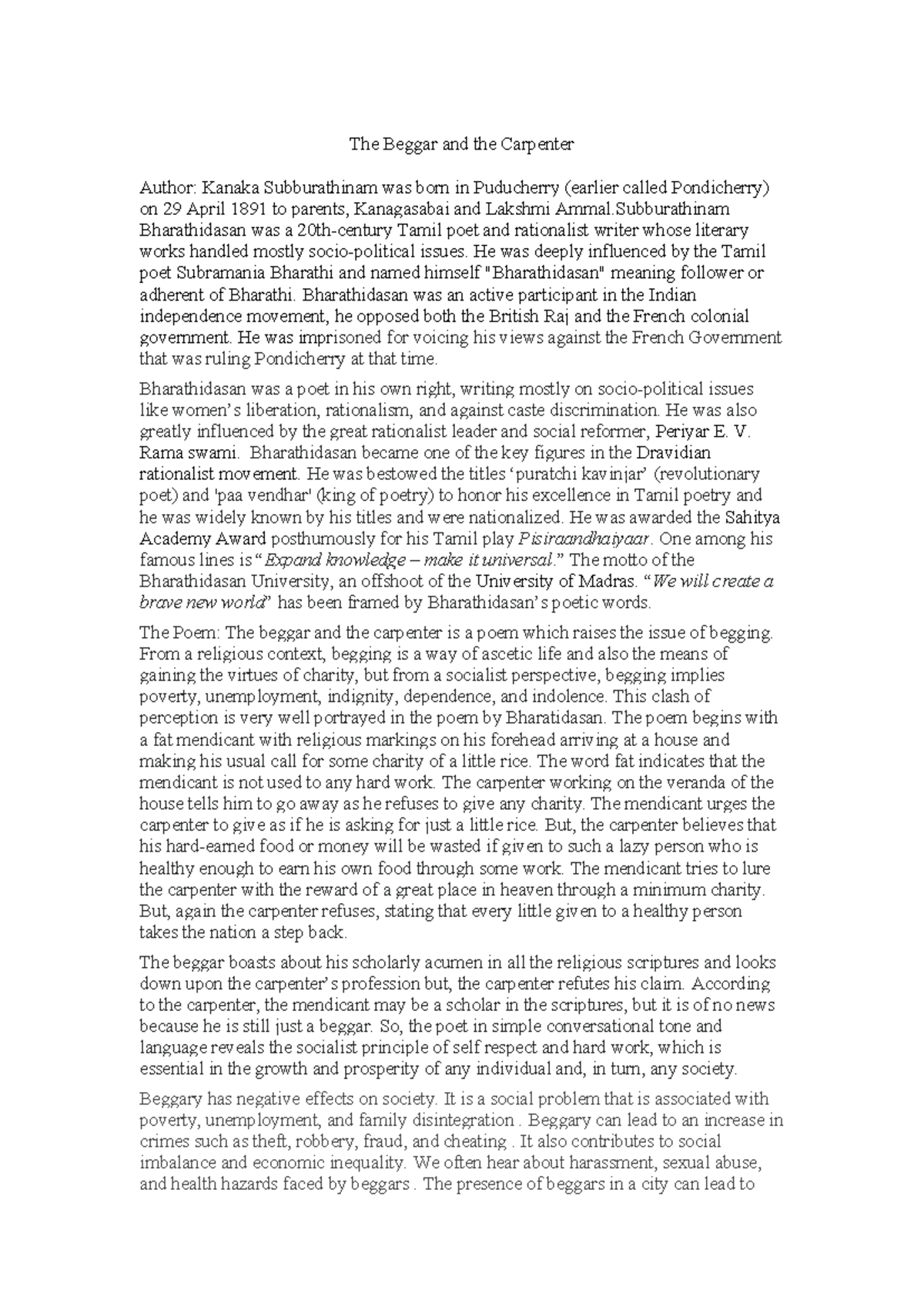 Bharathidasan's Poem "The Beggar and the Carpenter" Insights and ...