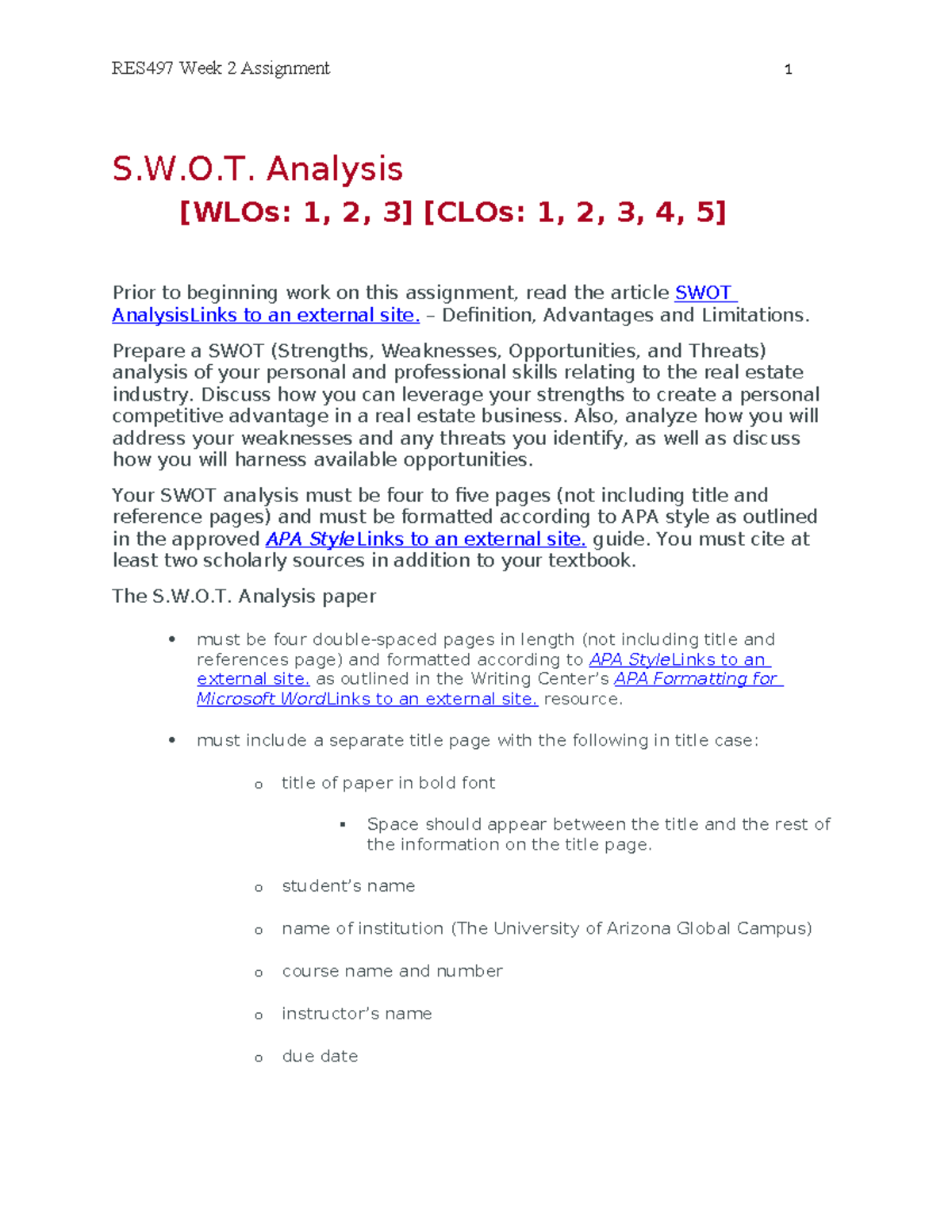 RES497 Week 2 Assignment: Personal SWOT Analysis in Real Estate - Studocu