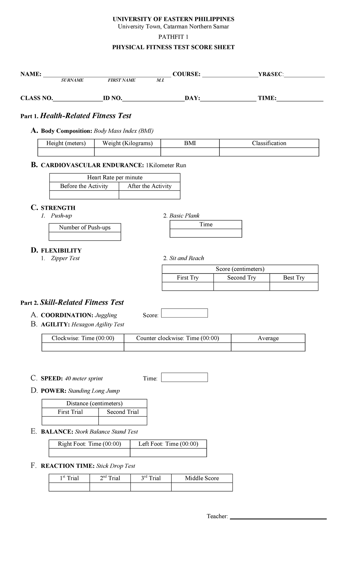 Physical Fitness TEST Score Sheet - UNIVERSITY OF EASTERN PHILIPPINES ...