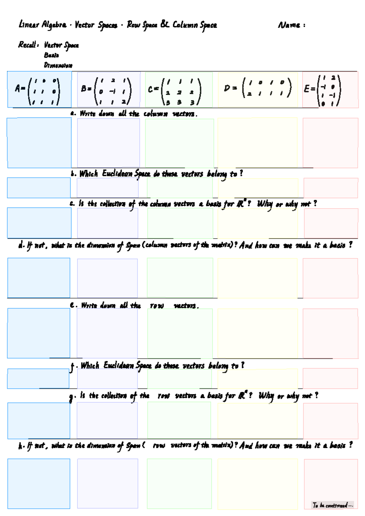 Row and Column Space Analysis: Linear Algebra Recall (MATH 101) - Studocu