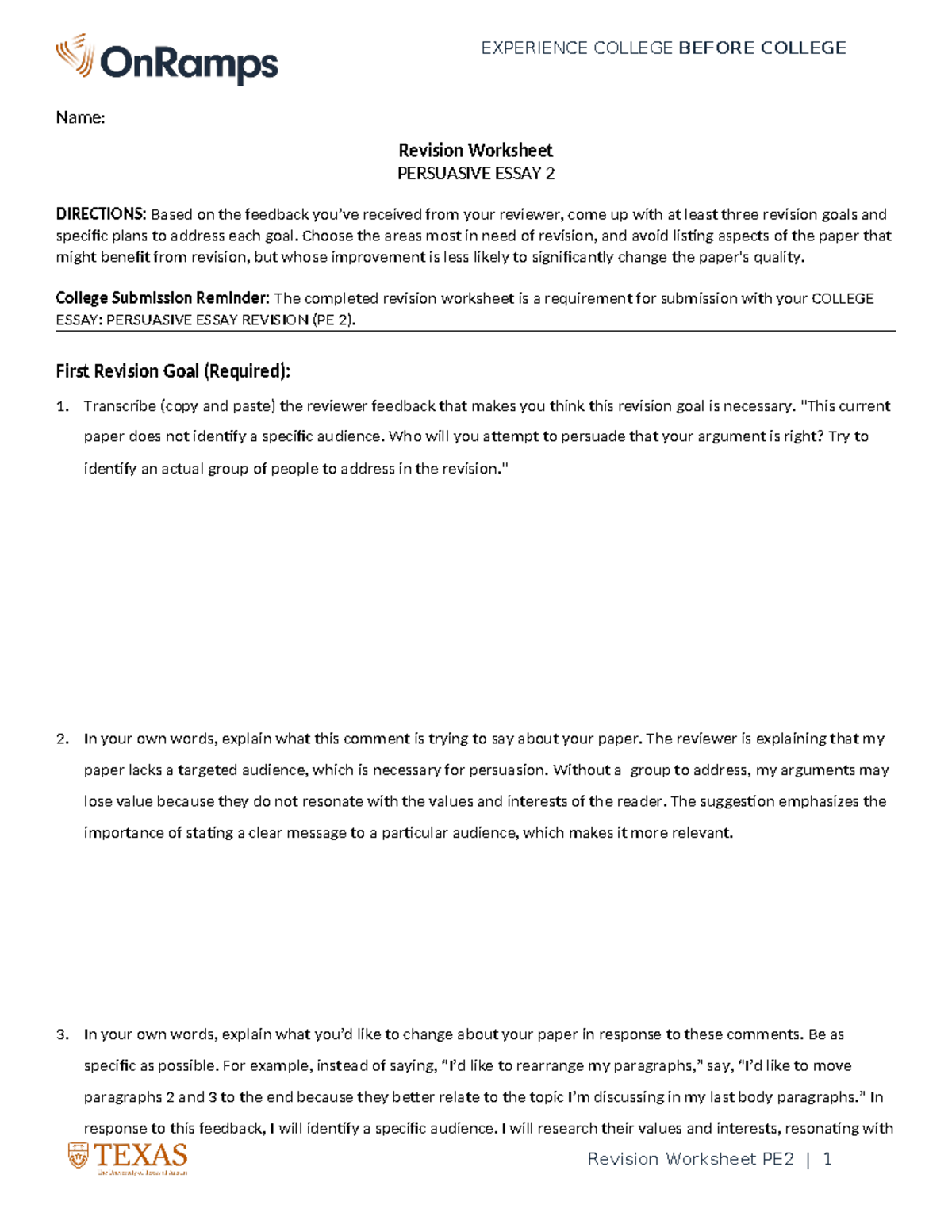 PE 2 Revision Worksheet - Name: Revision Worksheet PERSUASIVE ESSAY 2 ...