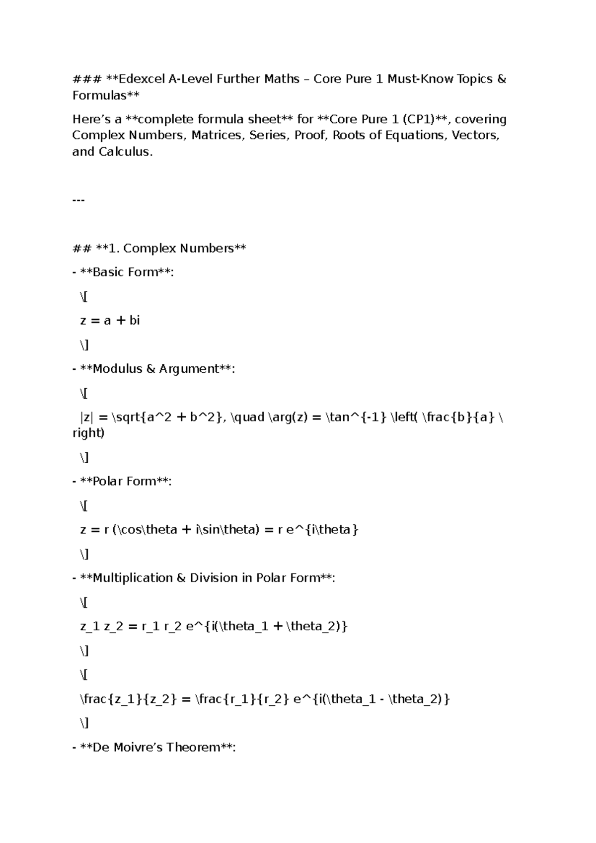 Core Pure 1 (CP1) Formula Sheet: Essential Topics & Tips - Studocu