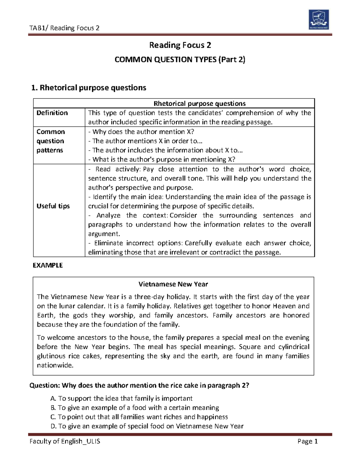 Reading Focus 2: Common Question Types & Strategies for Success - Studocu