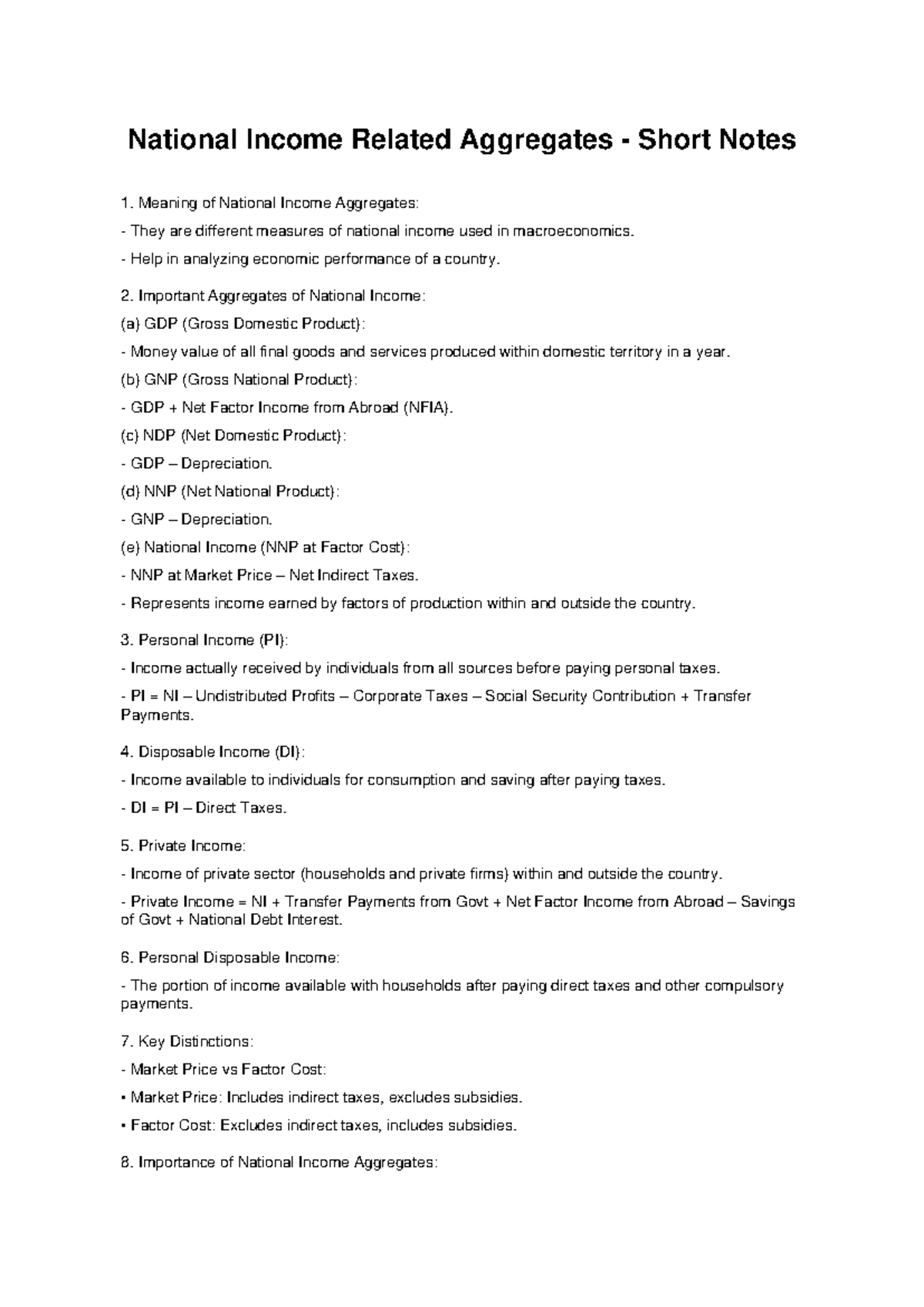 National Income Aggregates: Key Concepts and Definitions Notes - Studocu