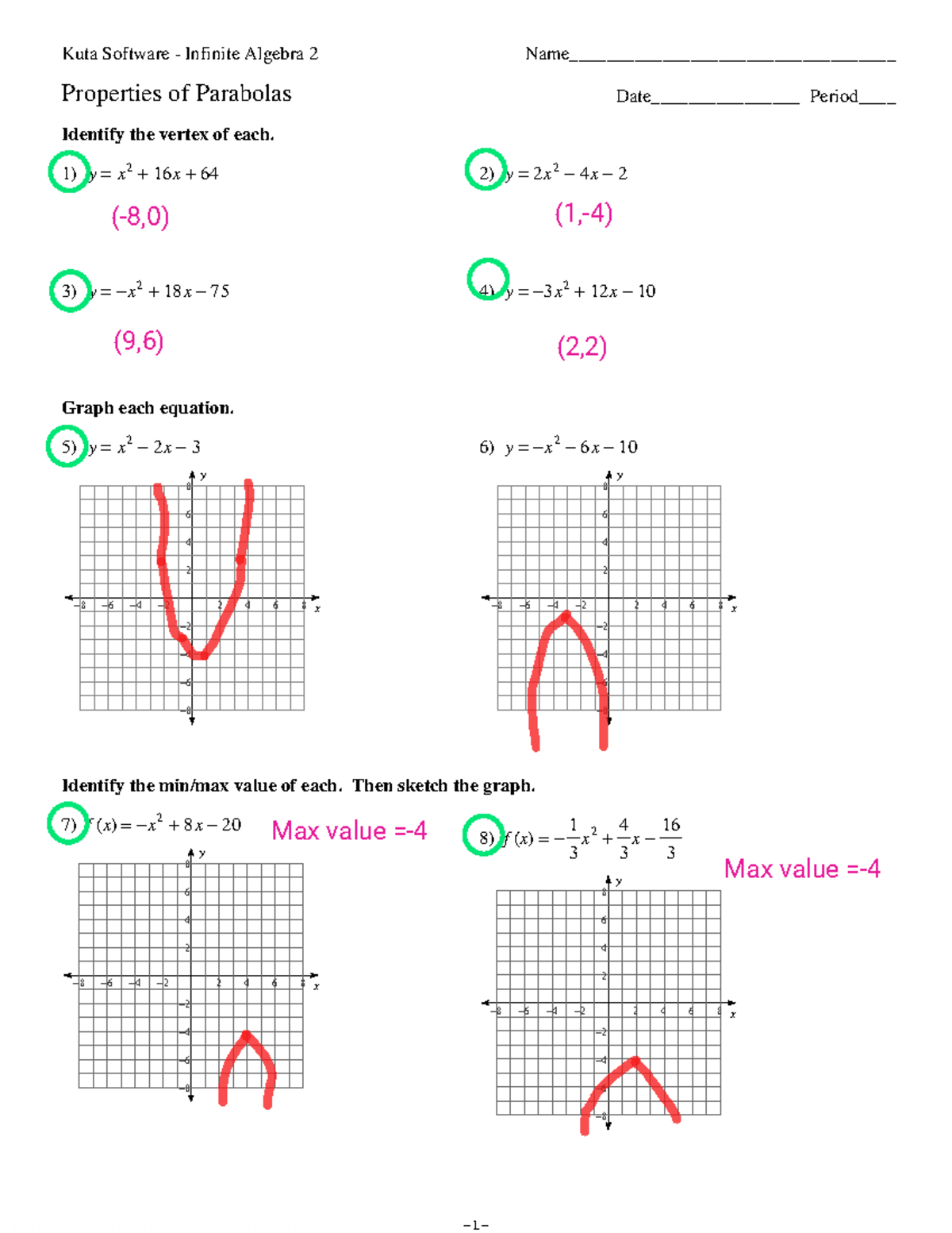 Kuta Software Infinite Algebra 2: Properties of Parabolas WS - Studocu