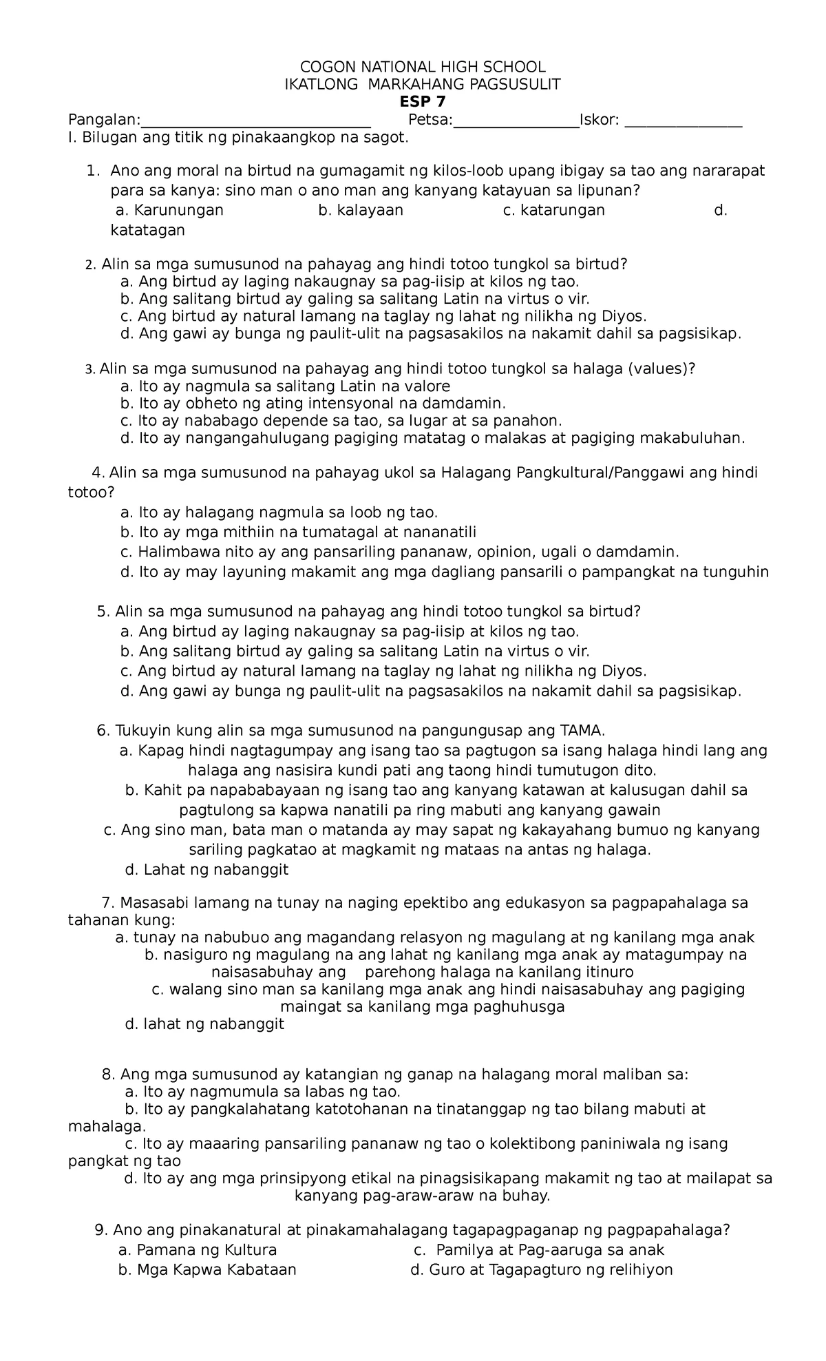 Summative Test Araling Panlipunan 8 - Araling Panlipunan 8 Unang ...