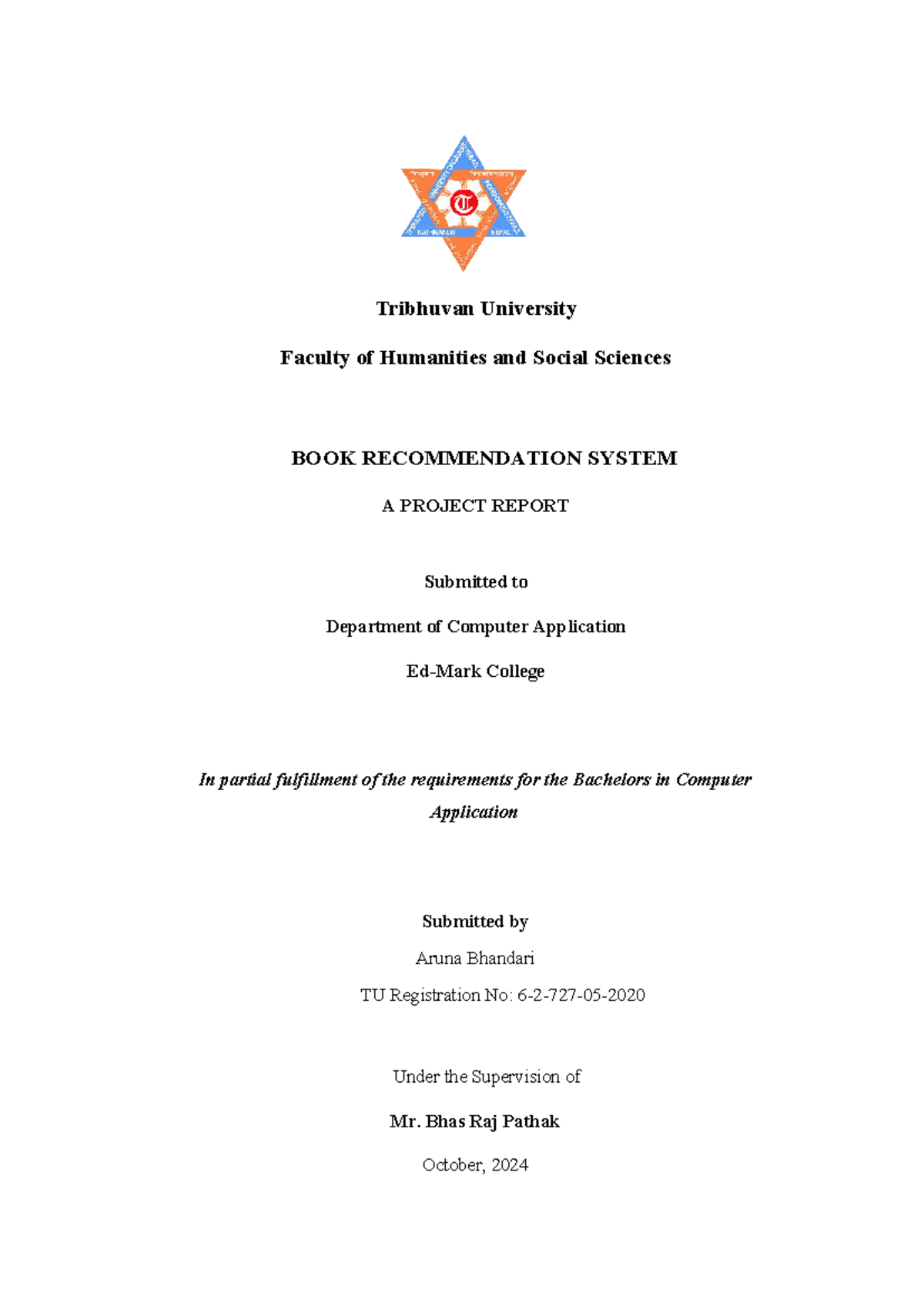 Book Recommendation System Project Report - BCA 2024 - Studocu