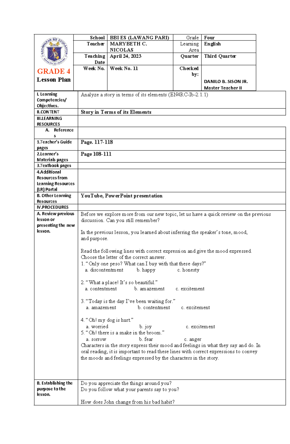 GRADE 4 Lesson Plan: Analyzing Story Elements and Learning Objectives ...