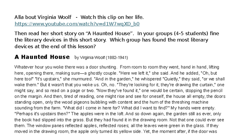 Virginia Woolf: A Haunted House Literary Devices Analysis Assignment ...
