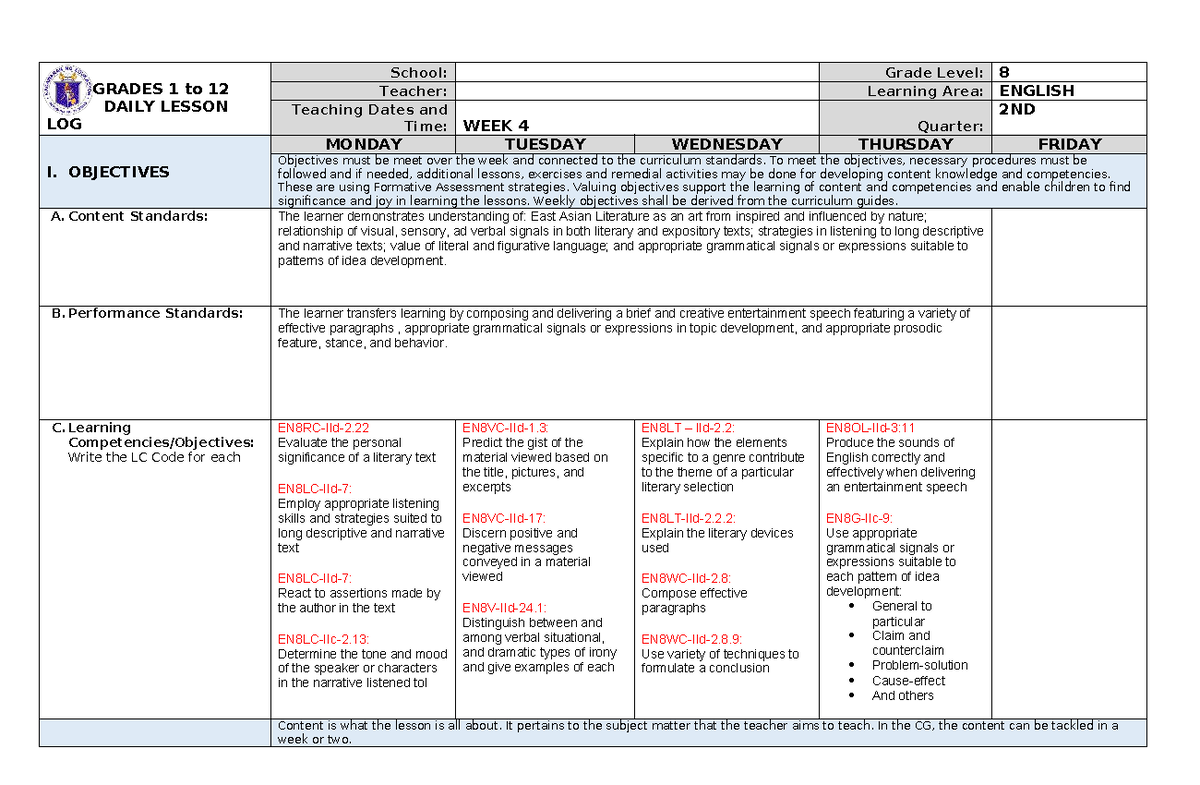 DLL-ENG8-2NDQ-Week 4 Daily Lesson Plan for English 8 - Studocu