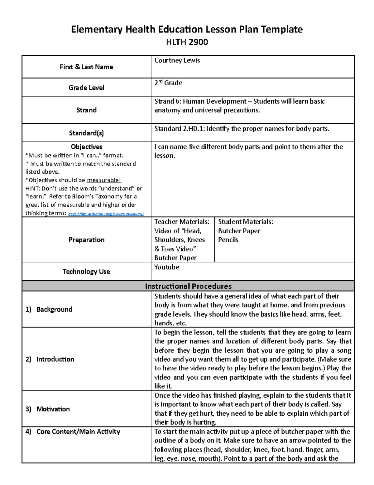 HLTH 2900 Lesson Plan Template-6 - Elementary Health Education Lesson ...