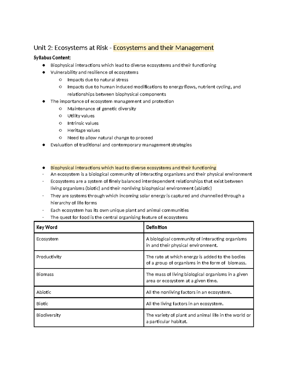 Geography 2024 Notes - Unit 2: Ecosystems at Risk - Unit 2: Ecosystems ...