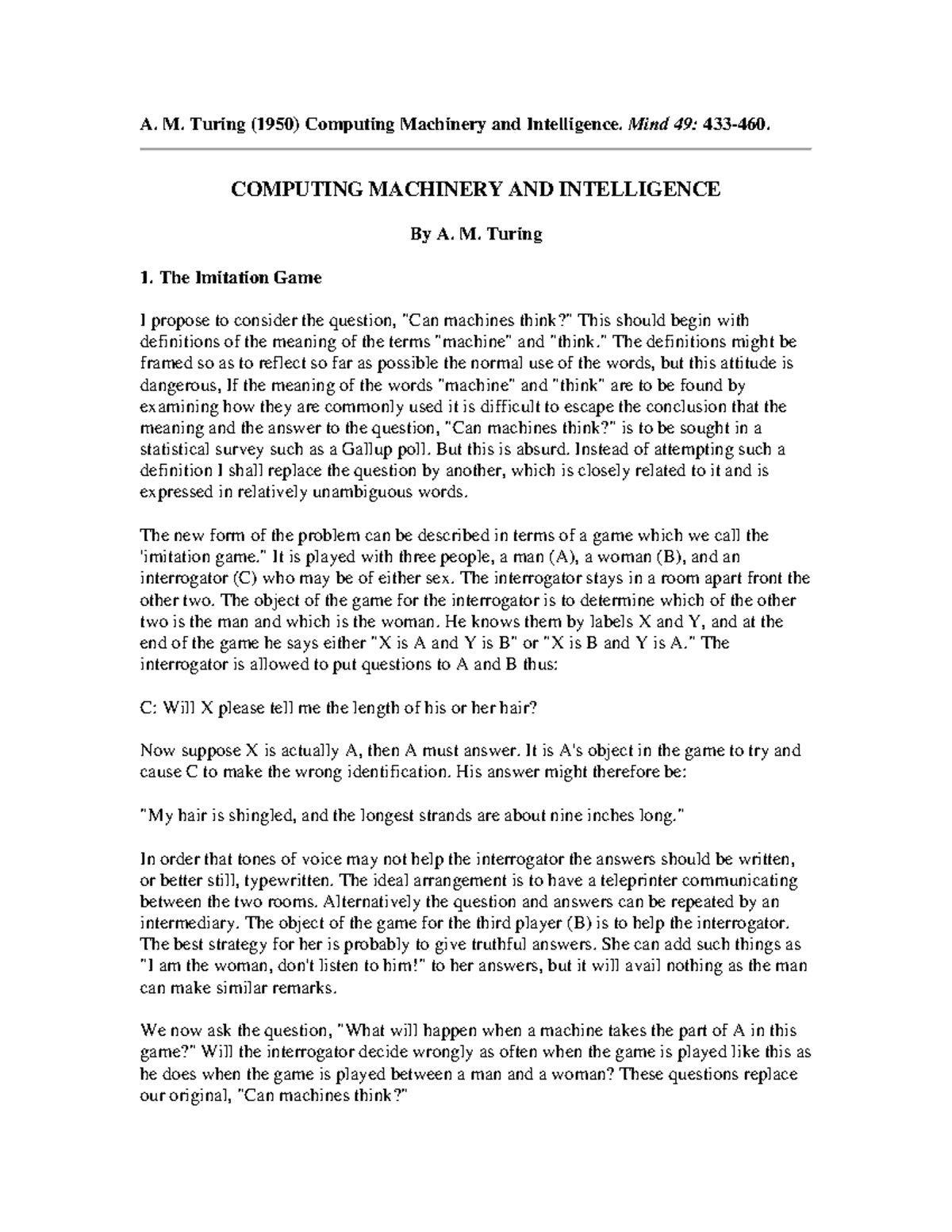 Final Exam Notes on Turing's "Computing Machinery and Intelligence - A ...