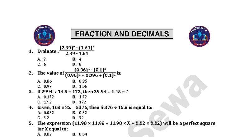FRACTION AND DECIMALS - Practice Questions and Solutions - Studocu