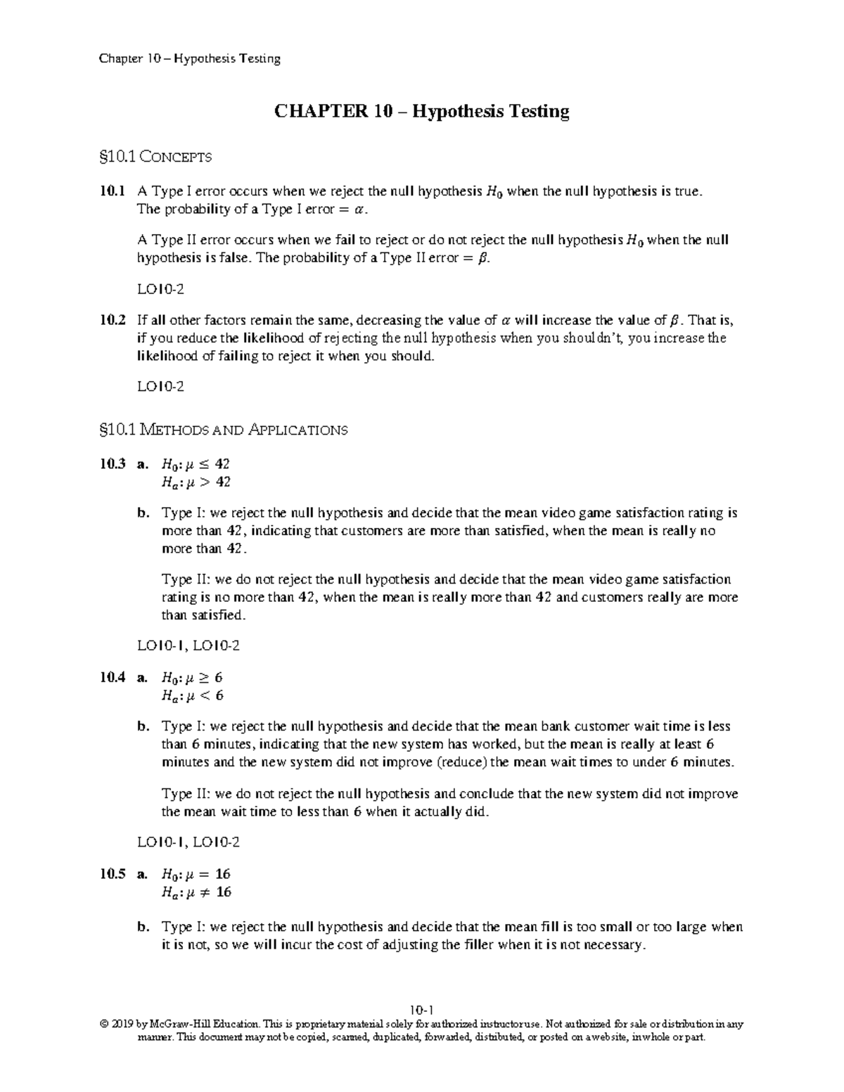 Chapter 10 Hypothesis Testing Solutions and Key Concepts - Studocu