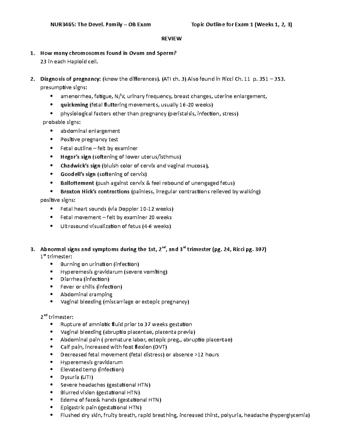 Exam 1 OB Topic Outline - NUR3465: The Devel. Family – OB Exam Topic ...