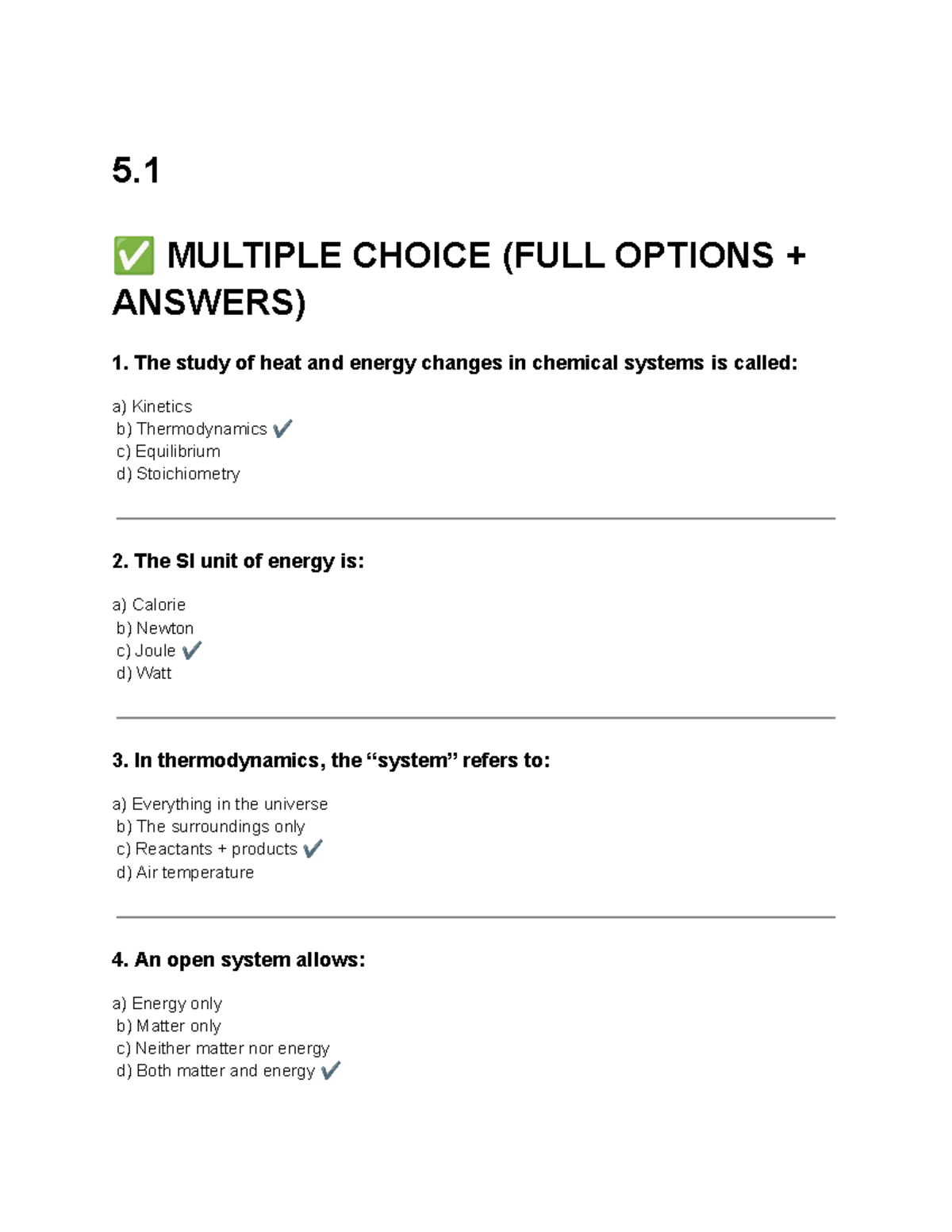 5.1 Thermodynamics Multiple Choice Questions with Answers - Studocu