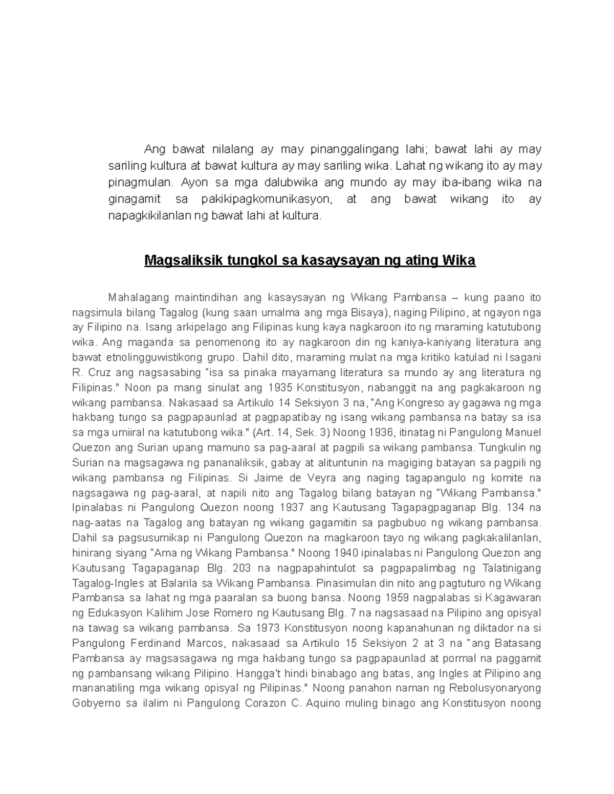 Pagsusuri sa Kasaysayan ng Wikang Pambansa sa Filipinas - Studocu