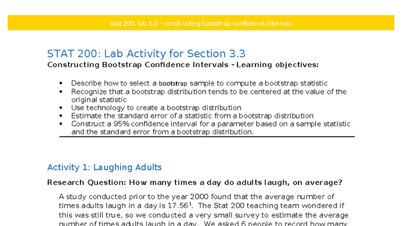 STAT 200: Lab 3.3 Bootstrap Confidence Intervals for Laughter Analysis - Studocu