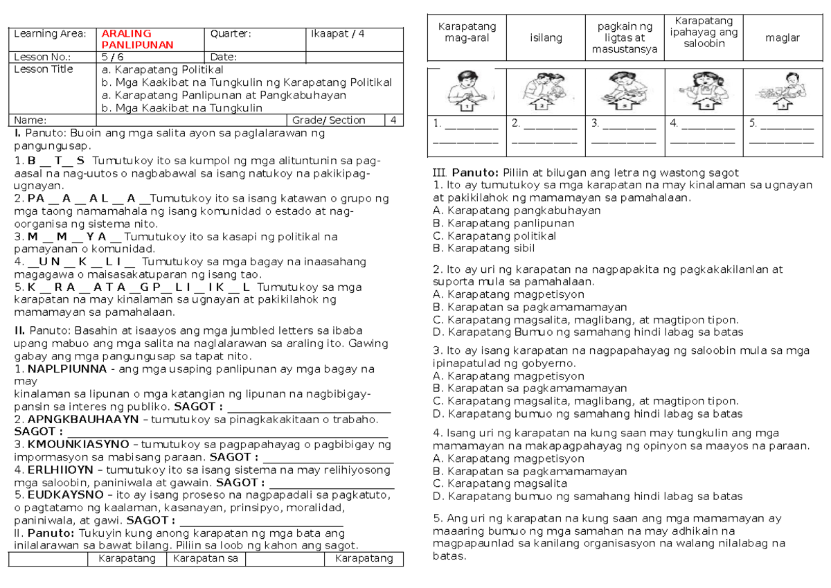 Worksheets in Q4 W5678B - Learning Area: ARALING PANLIPUNAN Quarter: Ikaapat / 4 Lesson No.: 5 / ...