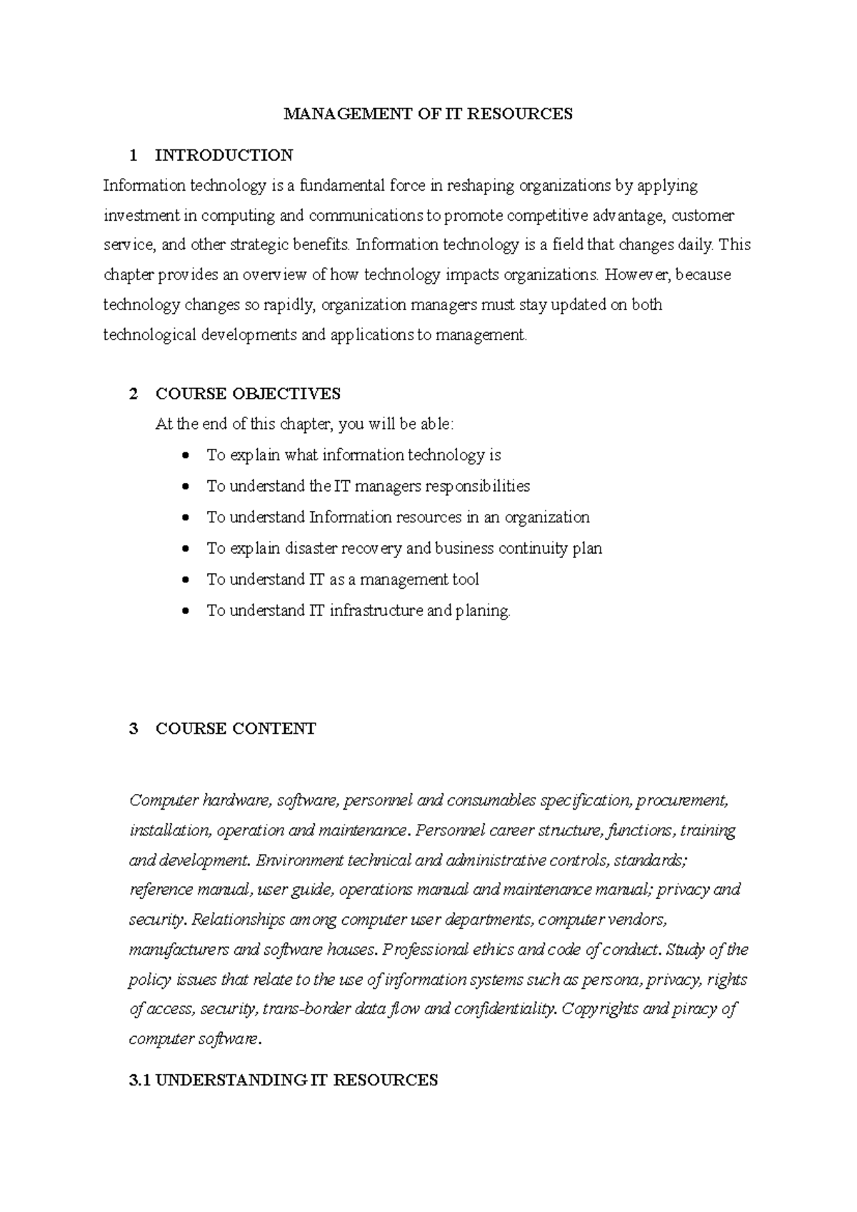 MANAGEMENT OF IT RESOURCES: Overview and Key Concepts - Studocu