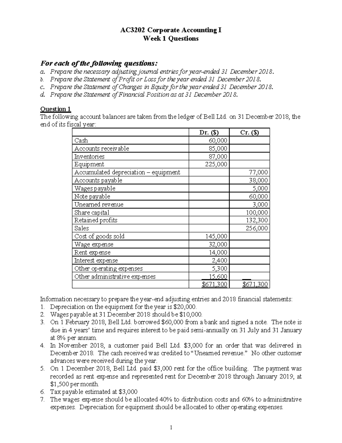 AC3202 Corporate Accounting I Week 1 Tutorial Exercise - Studocu
