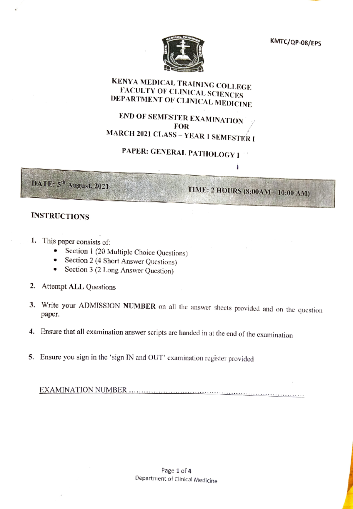 General Pathology I: End of 1st Semester Exam - March 2021 (KMTC/QP08 ...
