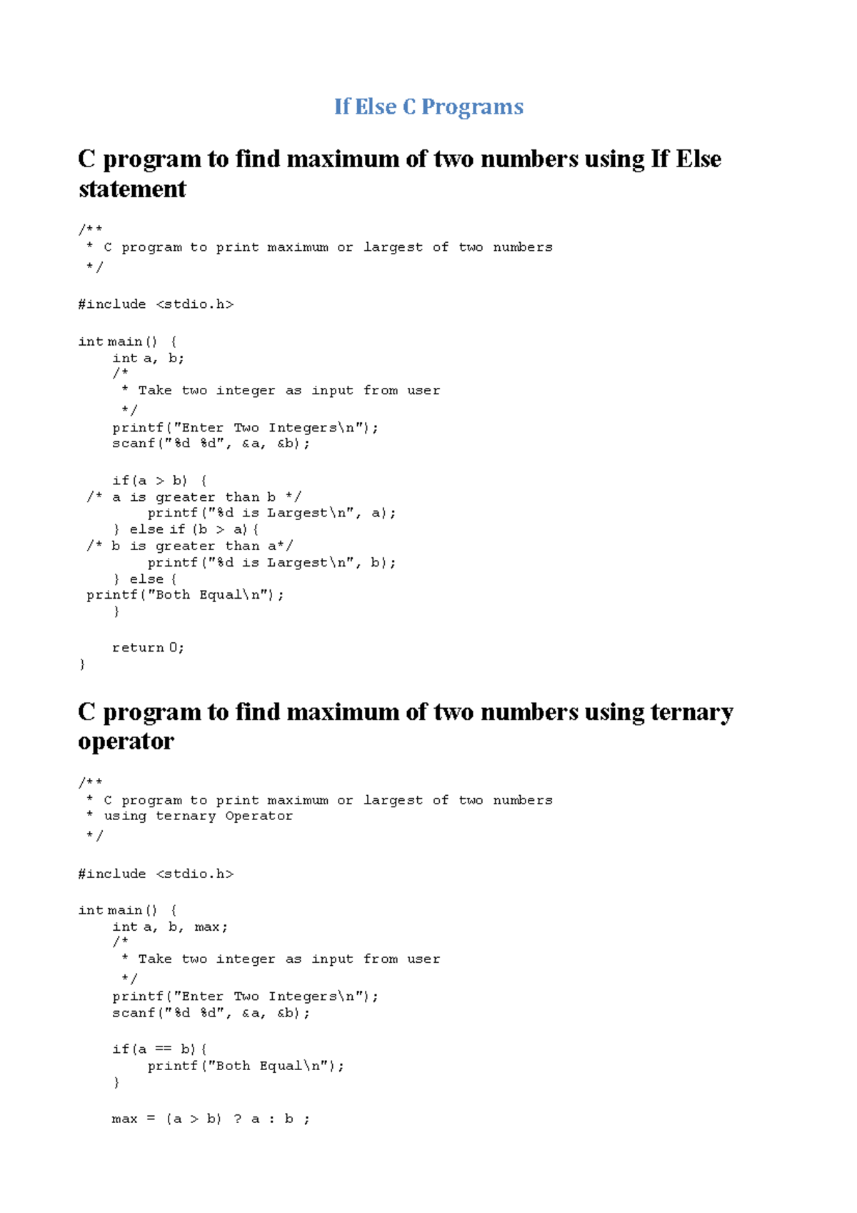 C Programs Programs If Else C Programs C Program To Find Maximum Of Two Numbers Using If 