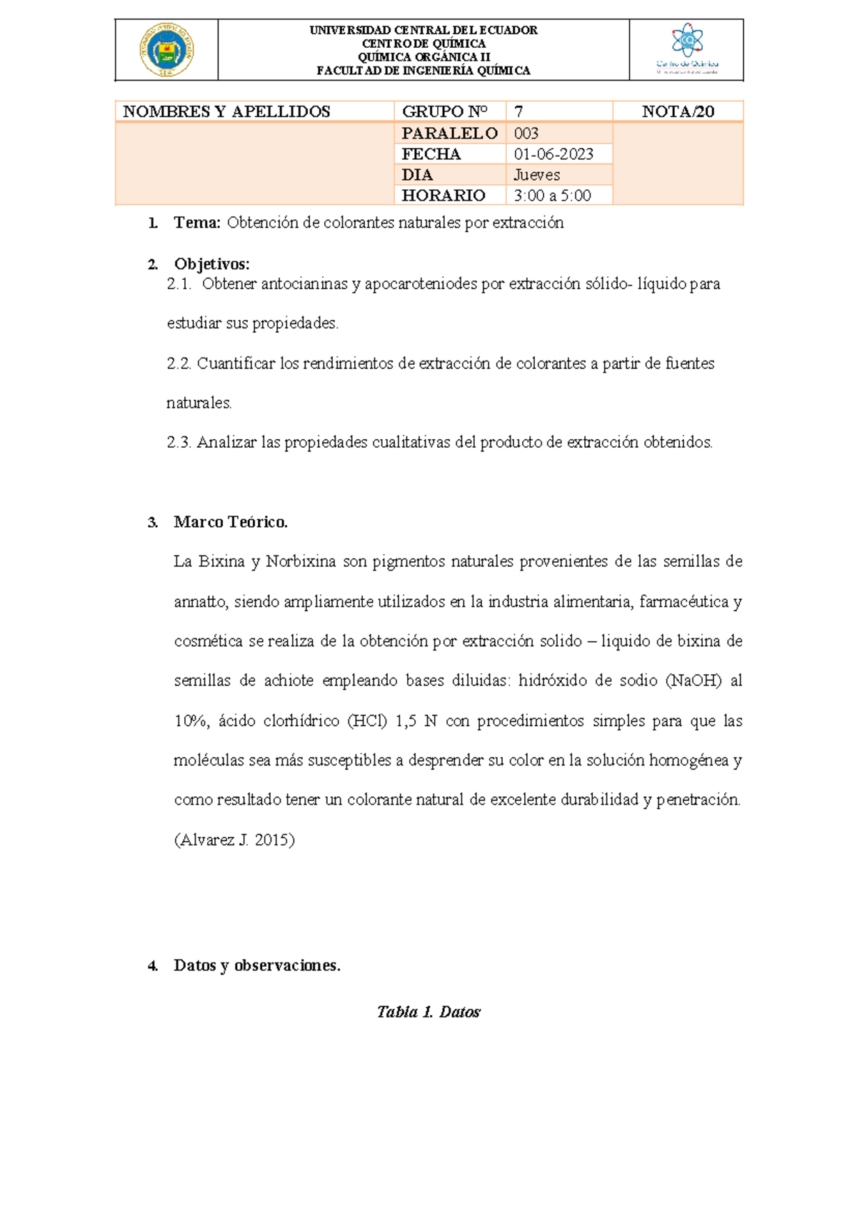 FIQ-QOII-Informe de Extracción de Colorantes Naturales - Studocu