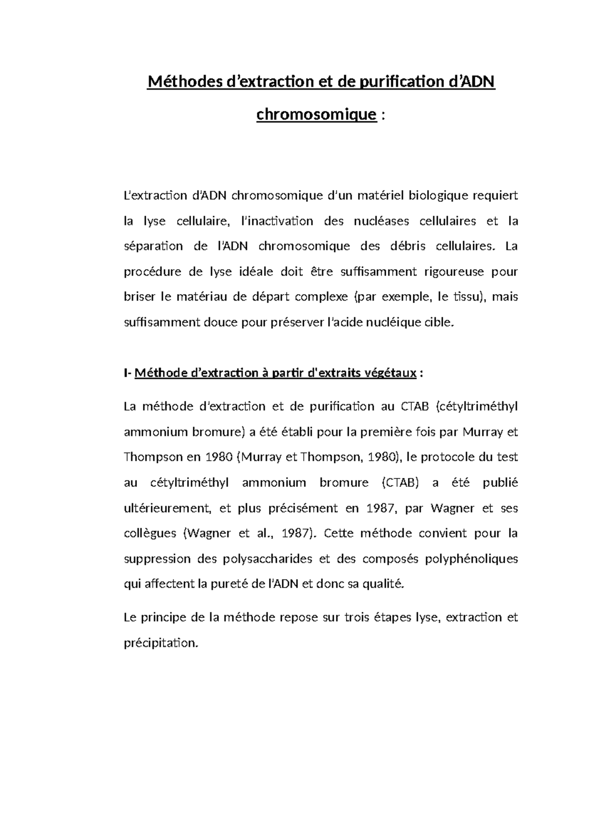 Extraction de l'ADN Génomique des Plantes Supérieures : Méthode CTAB ...