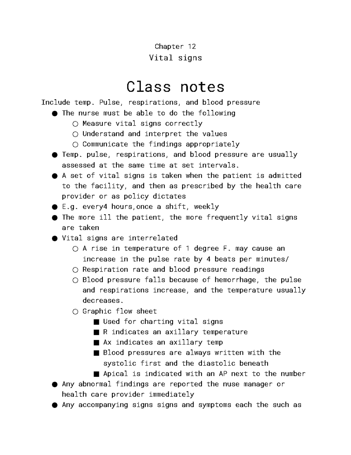 Chapter 12 - vital signs - Chapter 12 Vital signs Class notes Include ...