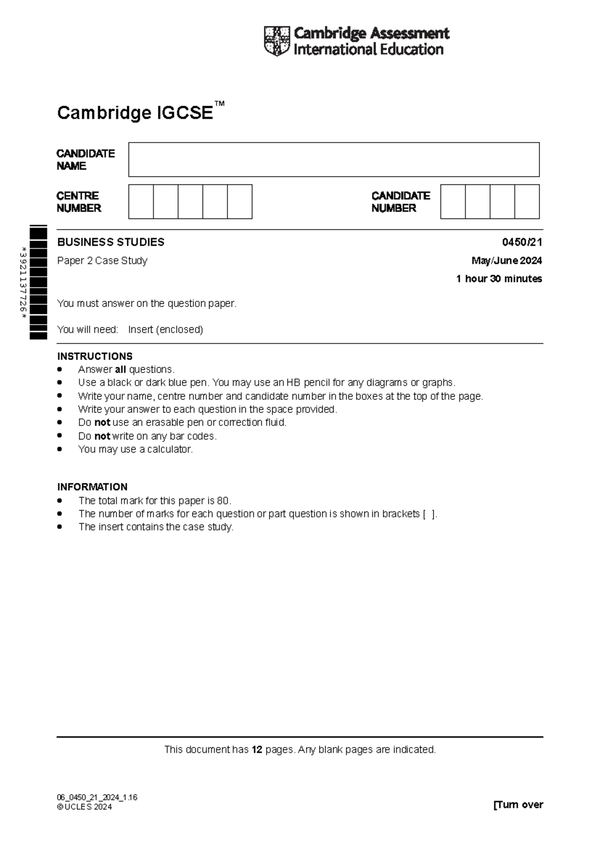 Cambridge IGCSE BUSINESS STUDIES 0450/21 Case Study Paper 2 2024 - Studocu