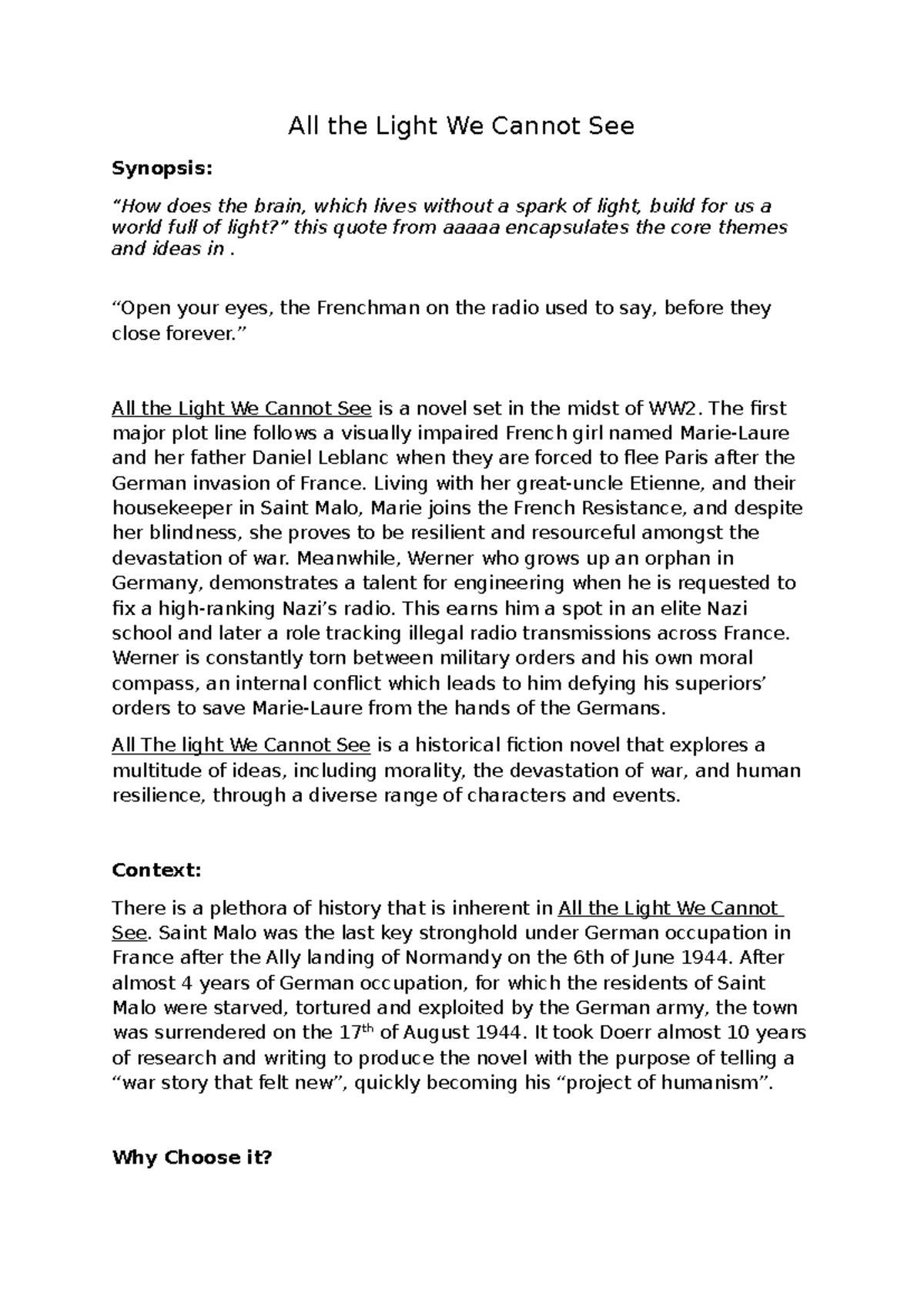 All the Light We Cannot See: Key Themes and Analysis for Year 12 - Studocu