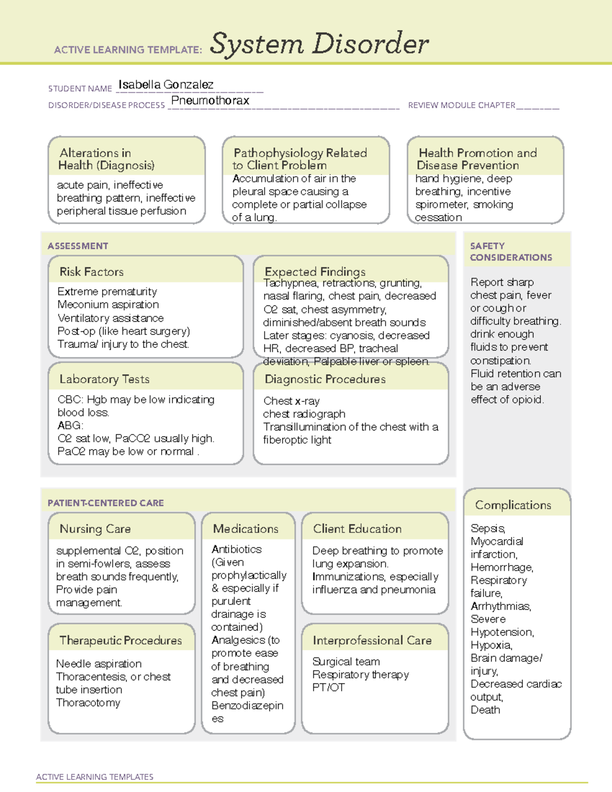 Pneumothorax - ATI template - ACTIVE LEARNING TEMPLATES System Disorder ...