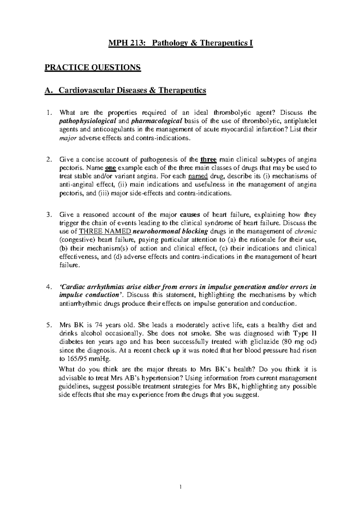 MPH 213: Pathology Therapeutics I - Summer Practice Questions - Studocu
