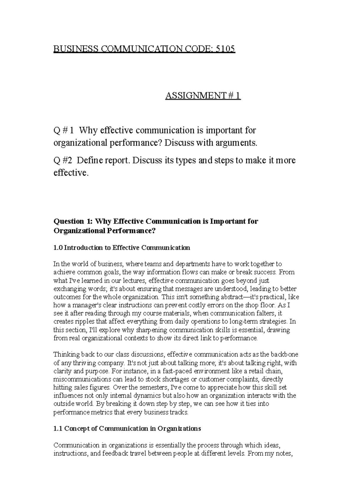 BUSINESS COMMUNICATION 5105 ASSIGNMENT 1: Effective Communication ...