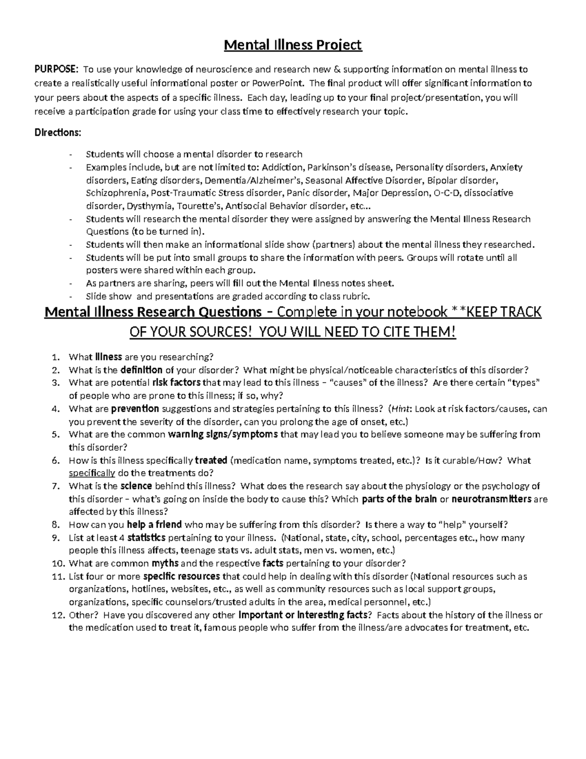 Mental Illness Research Project Overview and Guidelines - Studocu