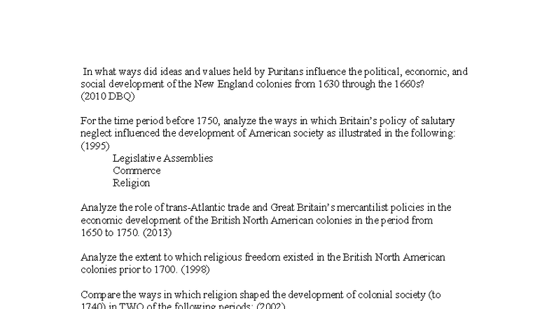 APUSH Chronological Essay Questions: Key Themes and Analysis - Studocu