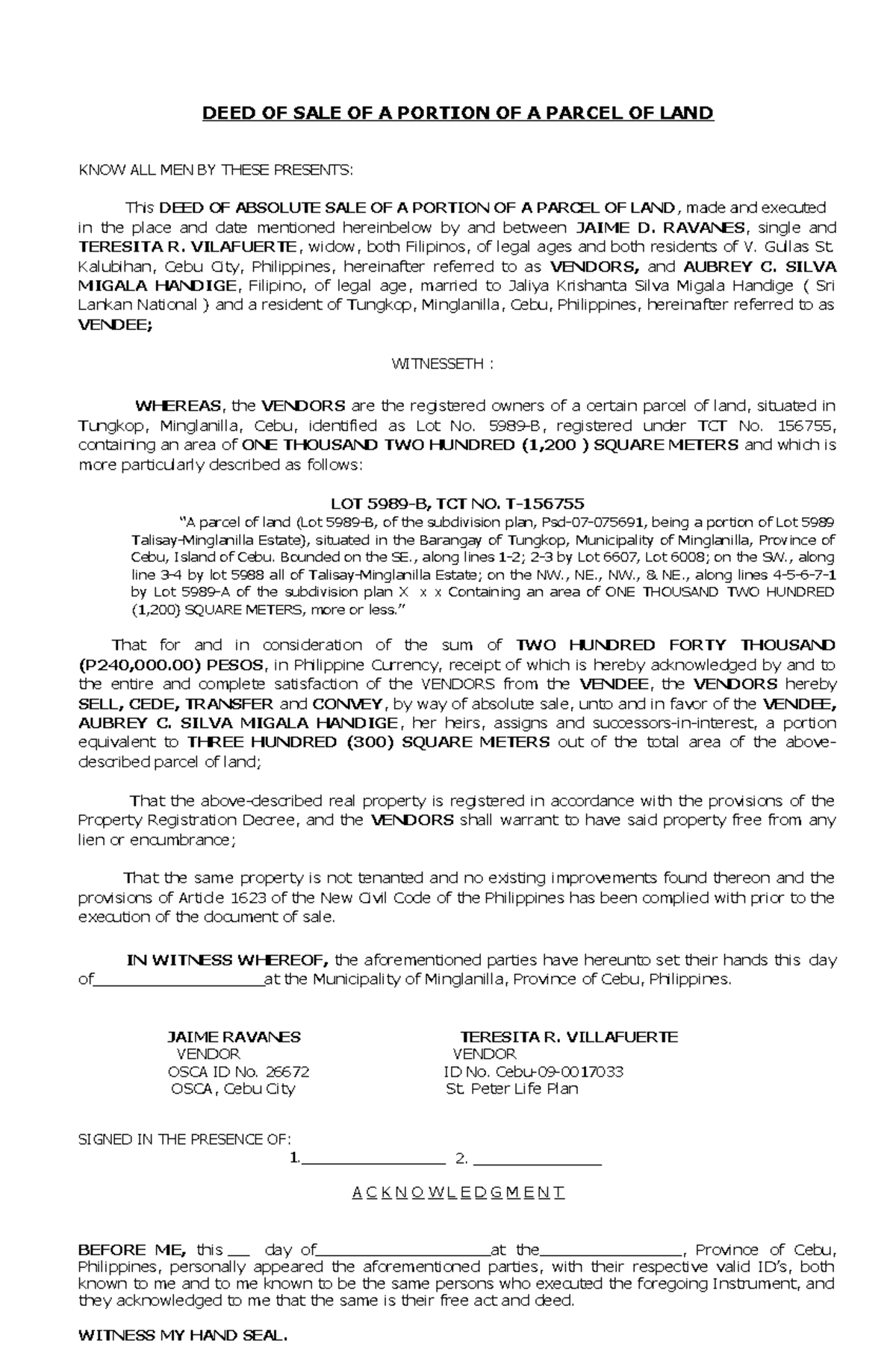 Document - ver cool - DEED OF SALE OF A PORTION OF A PARCEL OF LAND ...