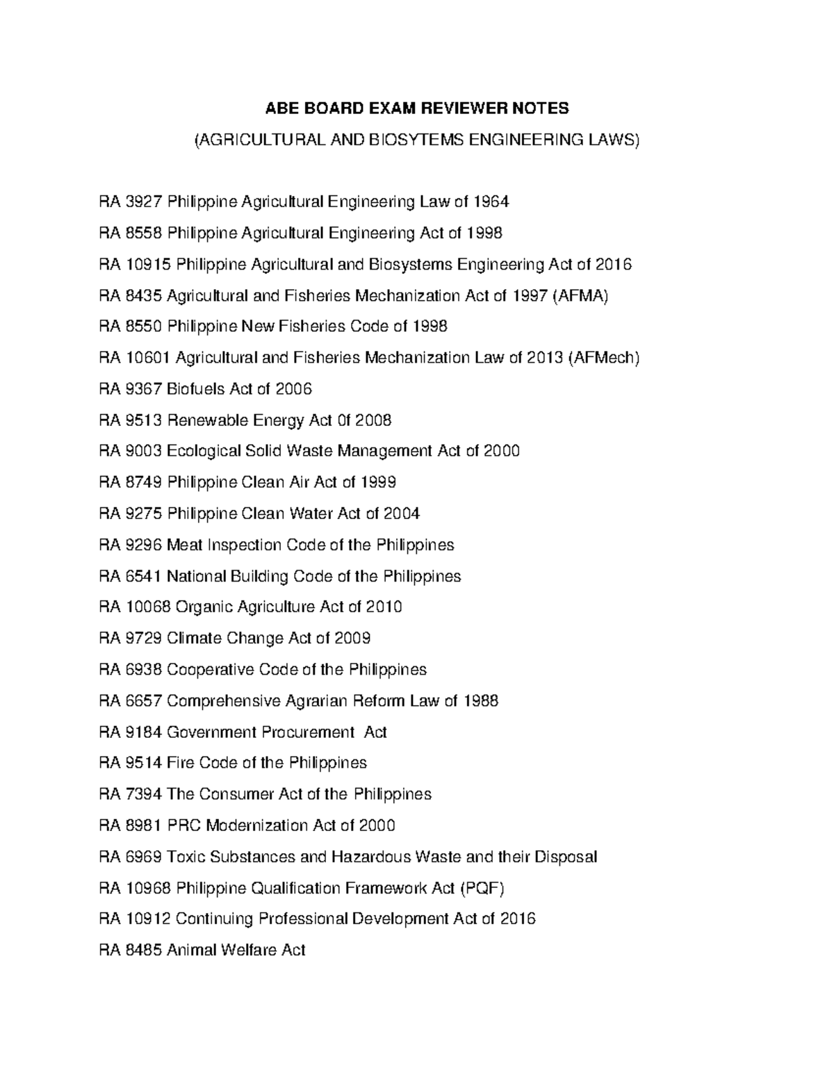 ABE Board Exam Reviewer Notes: Key Agricultural Engineering Laws - Studocu