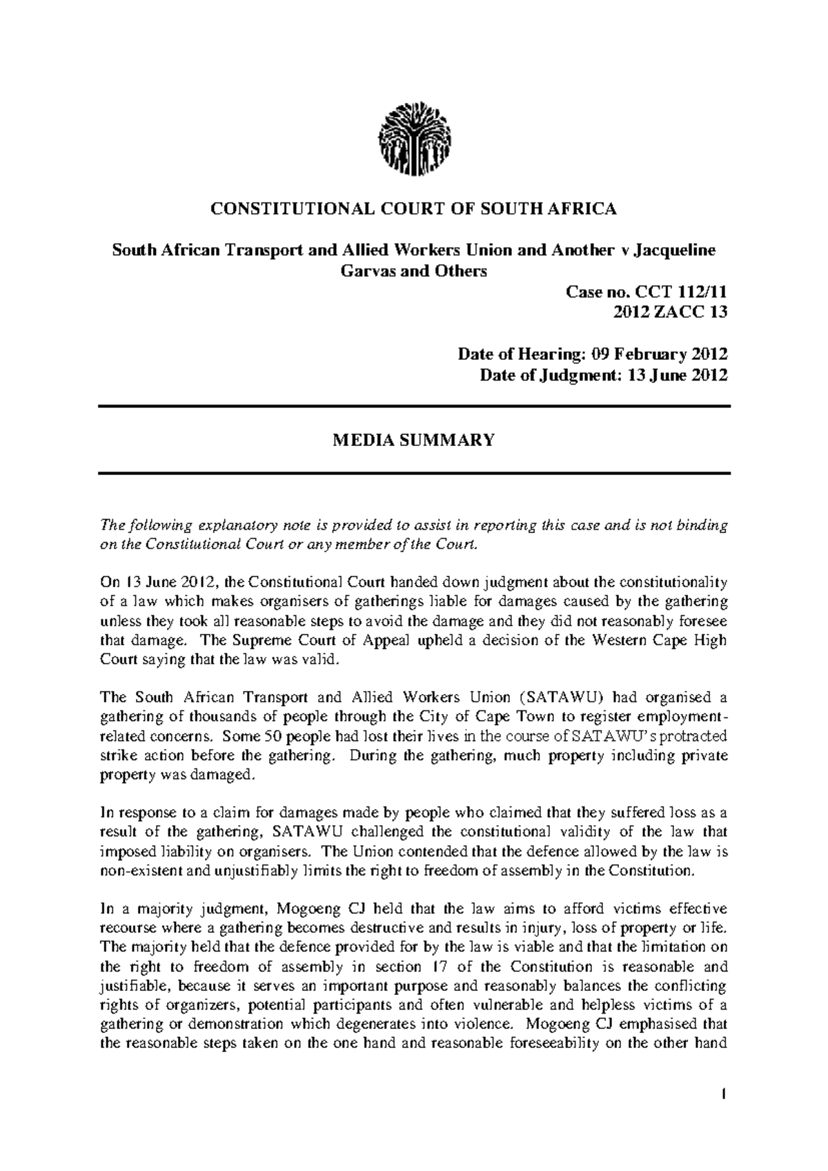 ( Summary) South African Transport and Allied Workers Union and Another ...