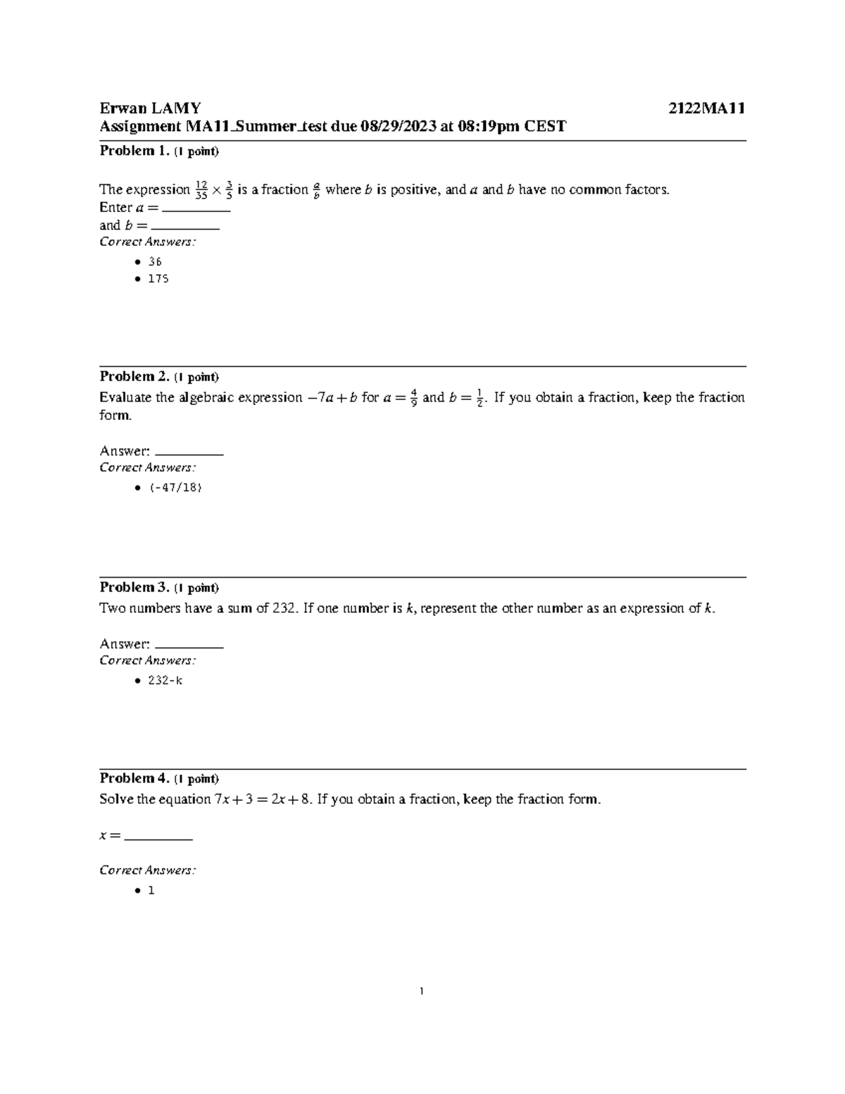 Summer test 2023 - Erwan LAMY 2122MA Assignment MA11 Summer test due 08 ...