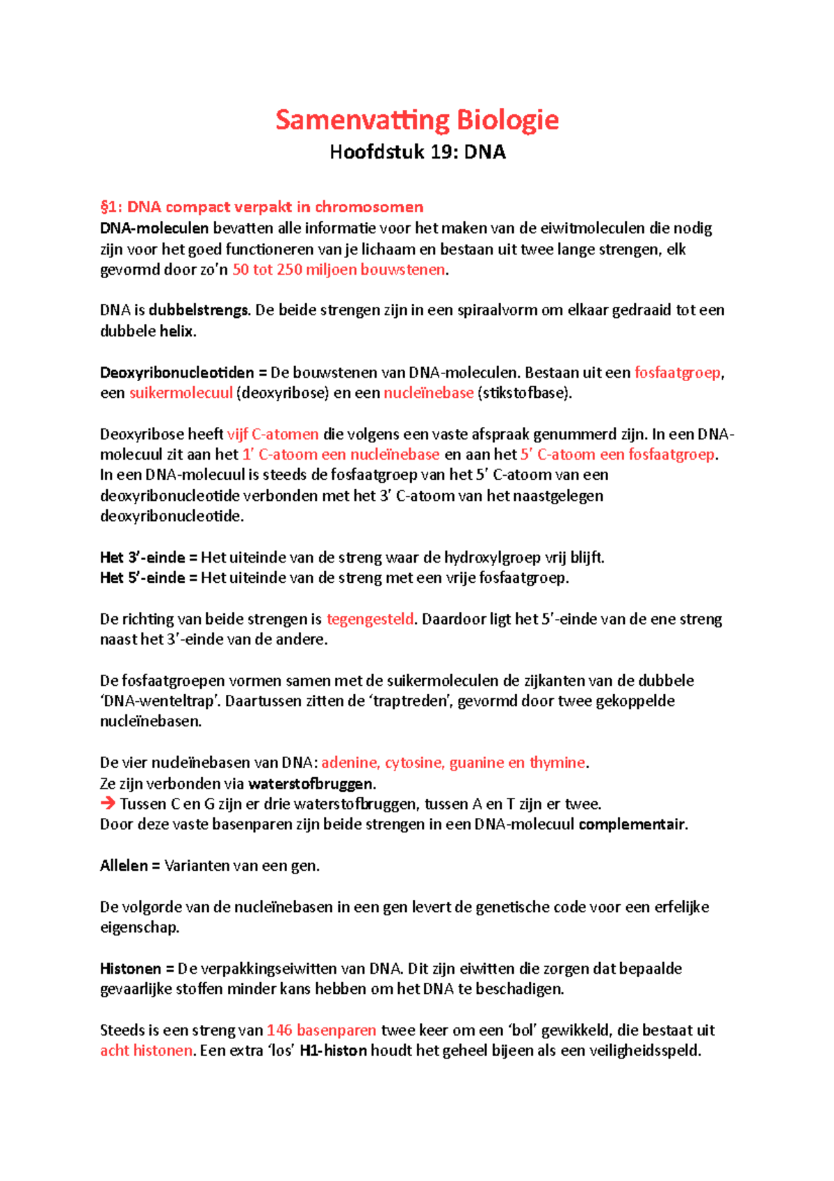 Samenvatting Biologie Hoofdstuk 19: DNA en Genregulatie - Studeersnel