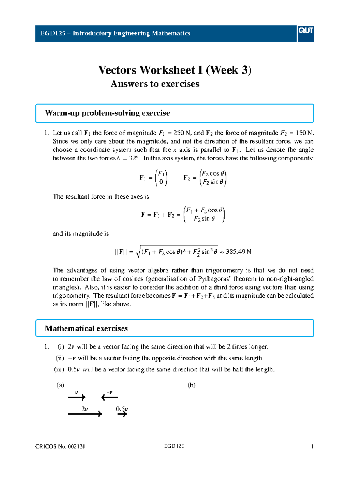 EGD125 Introductory Engineering Mathematics Vectors Worksheet I ...