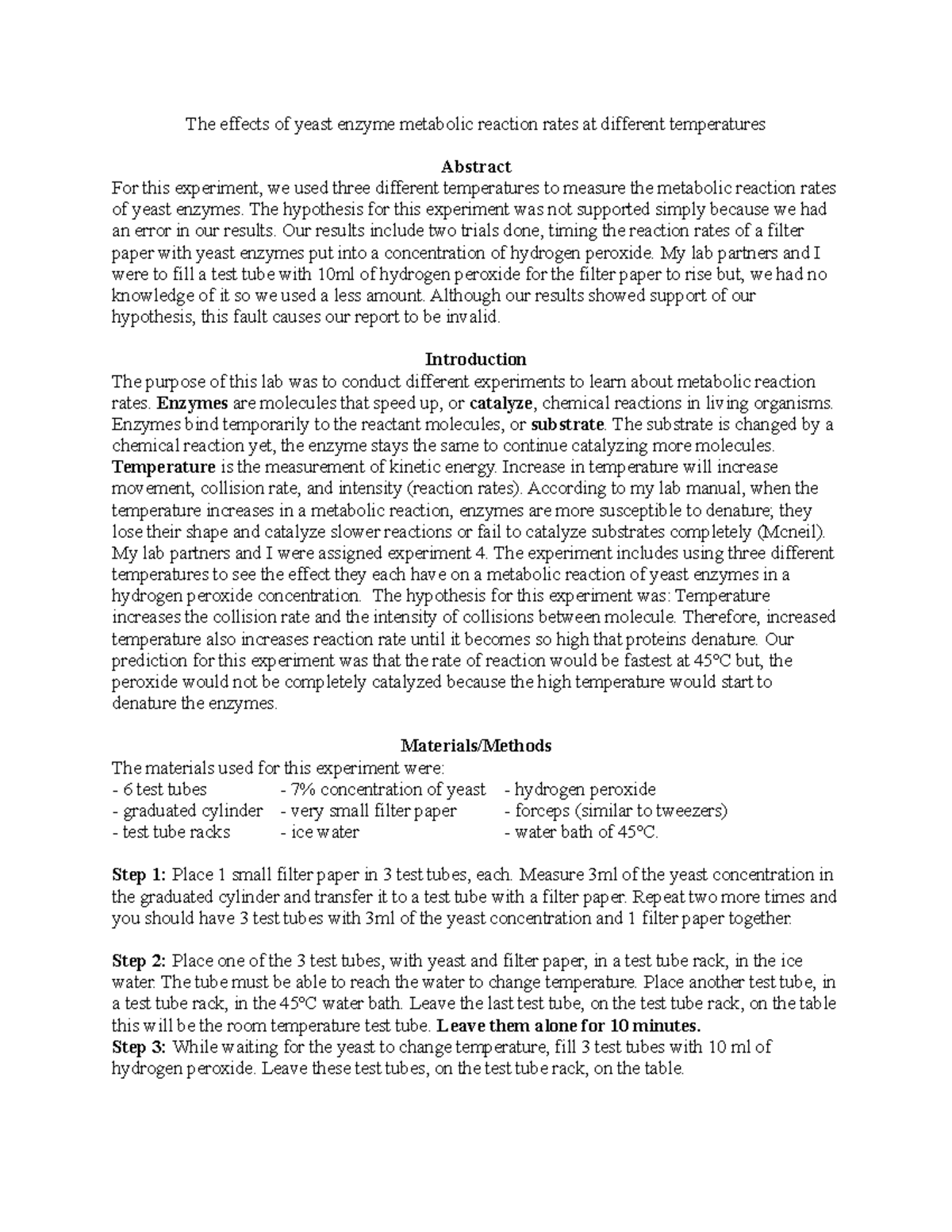 Lab 4: The effects of yeast enzyme metabolic reaction rates at ...