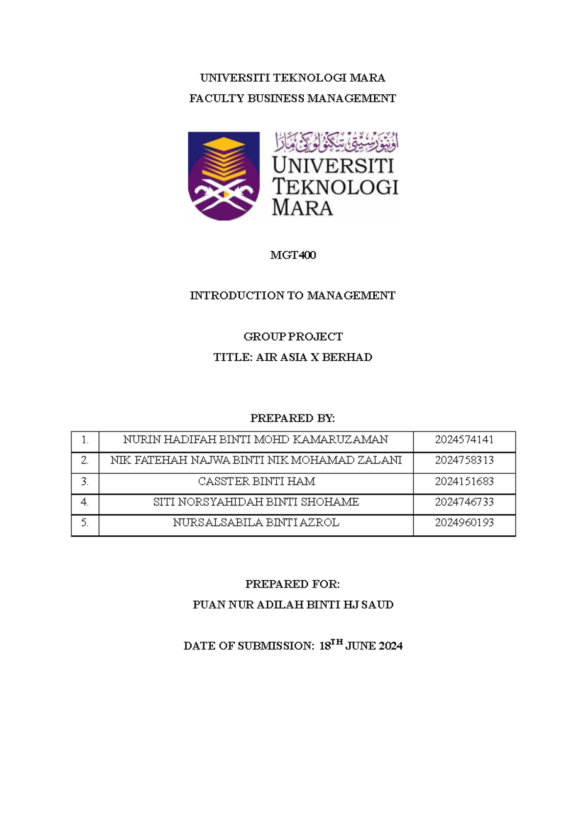 MGT400 - Assignment 1 - UNIVERSITI TEKNOLOGI MARA FACULTY BUSINESS ...