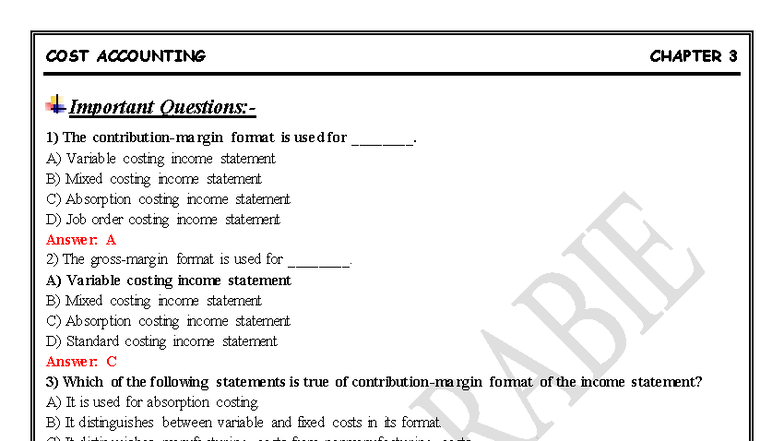 COST ACCOUNTING CH3: Key Questions & Answers on Income Statement ...