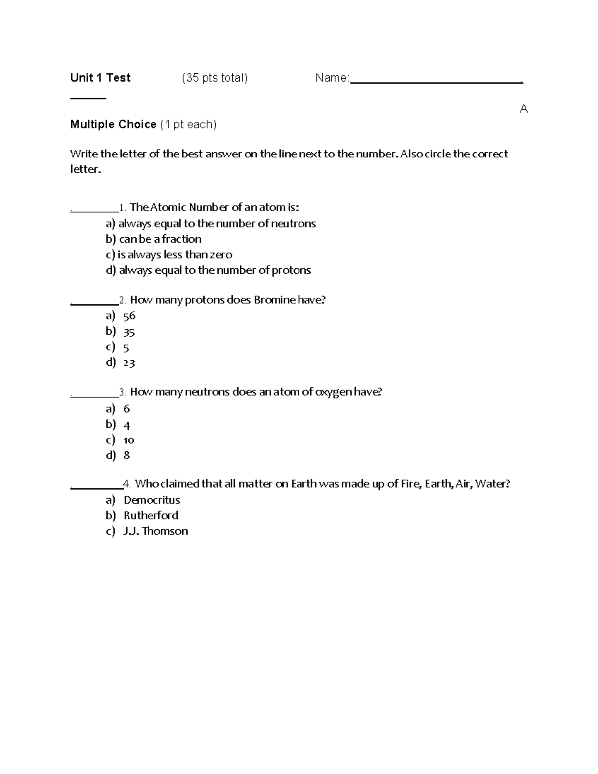 Unit 1 Chem Test (35 pts) - MC & Short Answer Questions - Studocu