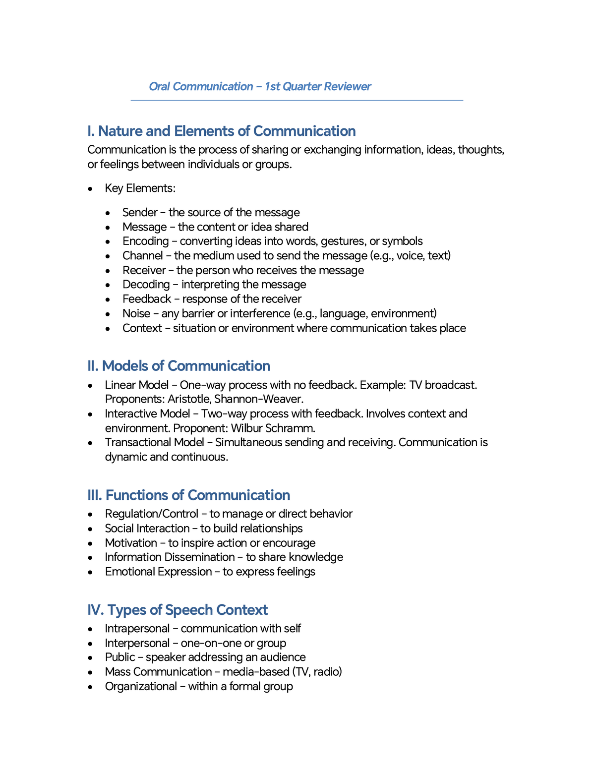 Oral Communication Reviewer (Course Code: OC101) - 1st Quarter - Studocu